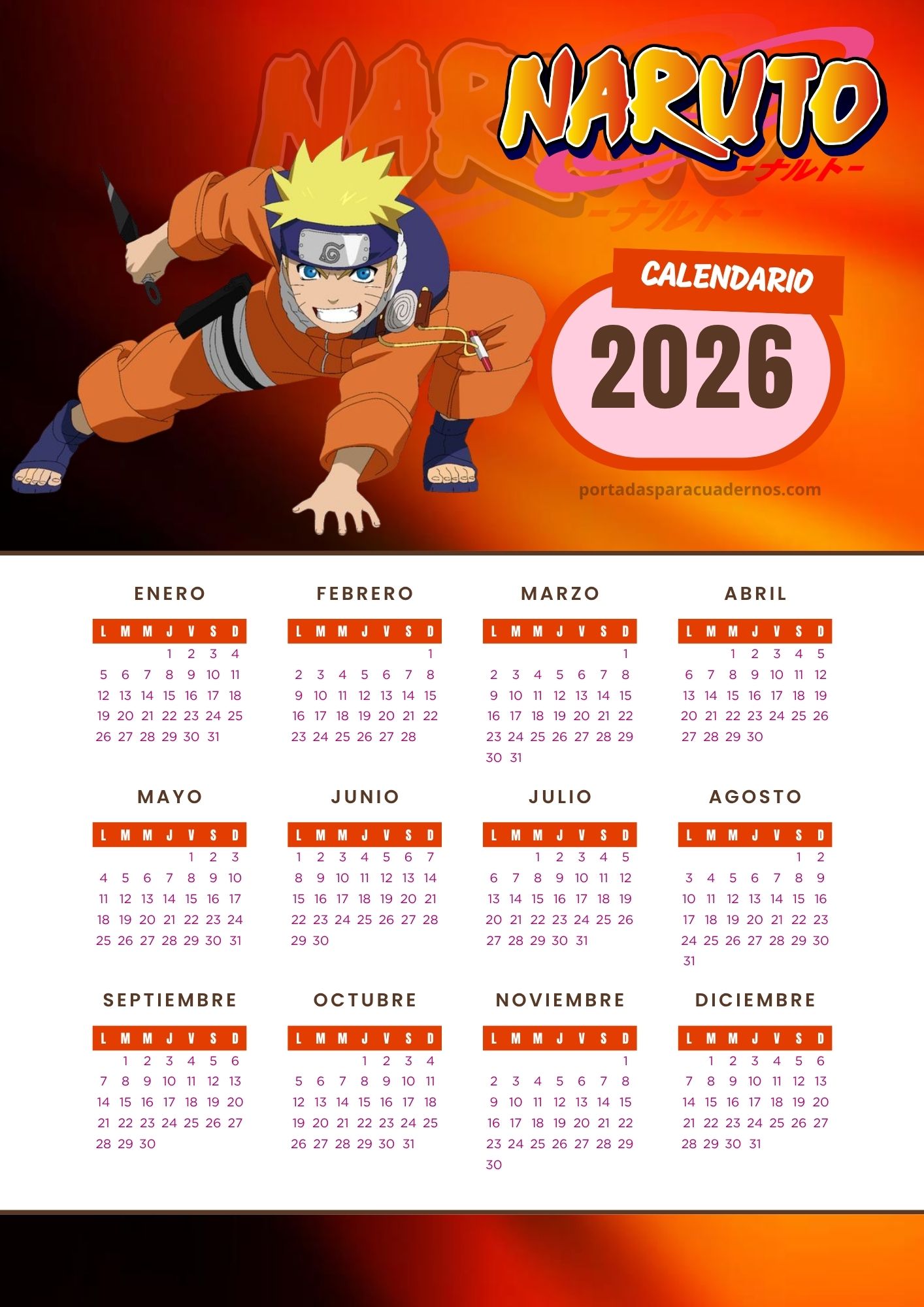 Calendario 2026 de Naruto 🍃 【2026